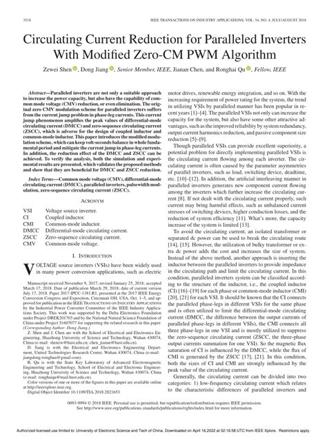 Pdf Differential Mode And Zero Sequence Circulating Current Reduction For Paralleled Inverters