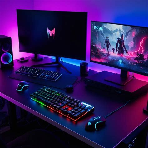 Highquality Rgb Gaming Setup Keyboard Mouse And Monitor In 16k Premium Ai Generated Image