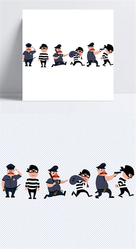 警察抓小偷 警察 帽子 电棍 小偷 面具 偷东西 跑步 头套 卡通元素 手绘 卡通