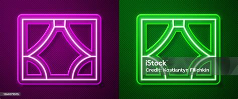 보라색과 녹색 배경에 고립 된 빛나는 네온 라인 커튼 아이콘 극장 이나 오페라 장면 배경 콘서트 그랜드 오프닝 또는 영화 초연 벡터 일러스트레이션 0명에 대한 스톡 벡터