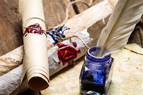 Closeup Of Ancient Scrolls Writing By Feather With Blue Ink Stock Photo By Shaiith79 27394013