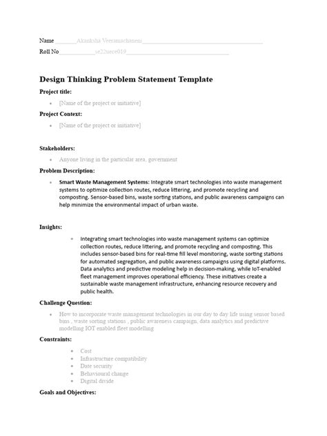 Design Thinking Problem Statement Template Pdf