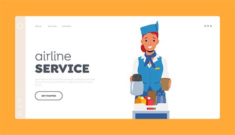 항공사 서비스 방문 페이지 템플릿입니다 승객을 서빙하는 트레이에 식사가 있는 제복을 입은 스튜어디스 비행기에서의 식사 시간