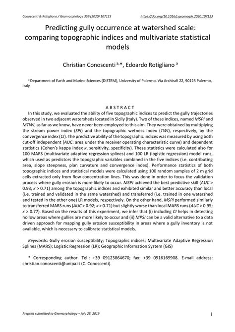 Pdf Predicting Gully Occurrence At Watershed Scale Comparing Topographic Indices And