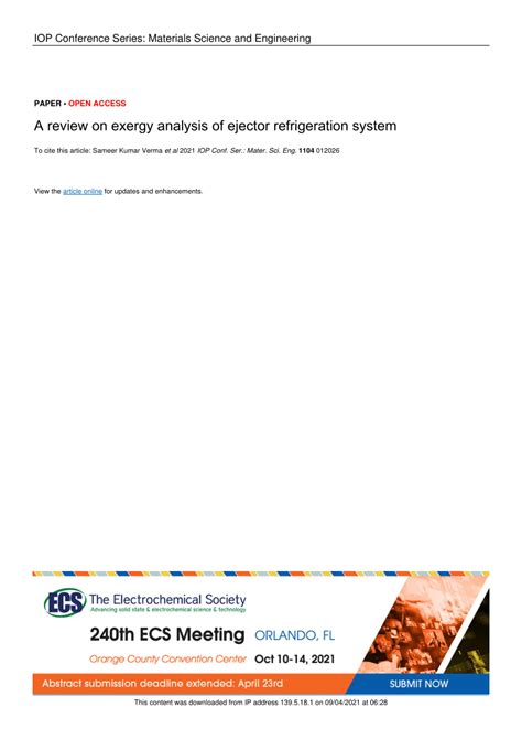 Pdf A Review On Exergy Analysis Of Ejector Refrigeration System