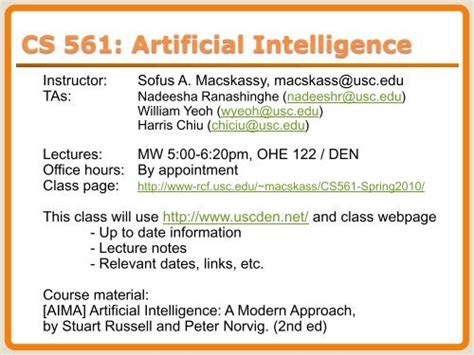Cs 561 Artificial Intelligence Usc