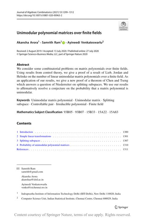 Unimodular Polynomial Matrices Over Finite Fields Request Pdf