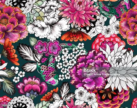 일본 잉어 중국 벚꽃 동양 팬 일본 등불과 아시아 원활한 패턴 아시아의 전통적인 상징과 함께 그린 수채화 그림 0명에 대한 스톡