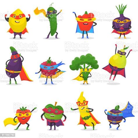 슈퍼 히어로 과일 재미 애플 바나나와 함께 슈퍼 영웅 식 야채 과일 만화 캐릭터 벡터 또는 마스크 그림 유익한 채식 다이어트 세트 흰색 배경에 고립에 후추 유머에 대한 스톡