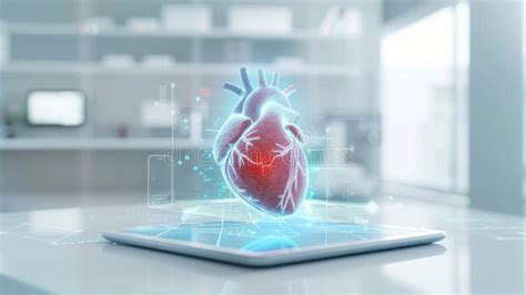 Bright Minimalistic Setting Featuring A Large Tablet Displaying A Vibrant Blue Red Holographic