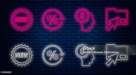 라인 할인 퍼센트 태그 사업가 계획 마인드 새로 및 커서가 있는 가격표 클릭 문서 폴더를 설정합니다 벽돌 벽에 빛나는 네온 아이콘 벡터 가격에 대한 스톡 벡터 아트 및 기타