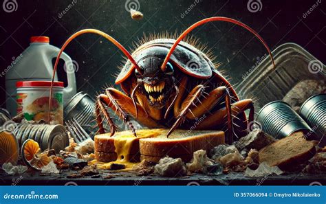 Massive Angry Cockroach Sitting On Bread Among Trash With Dramatic