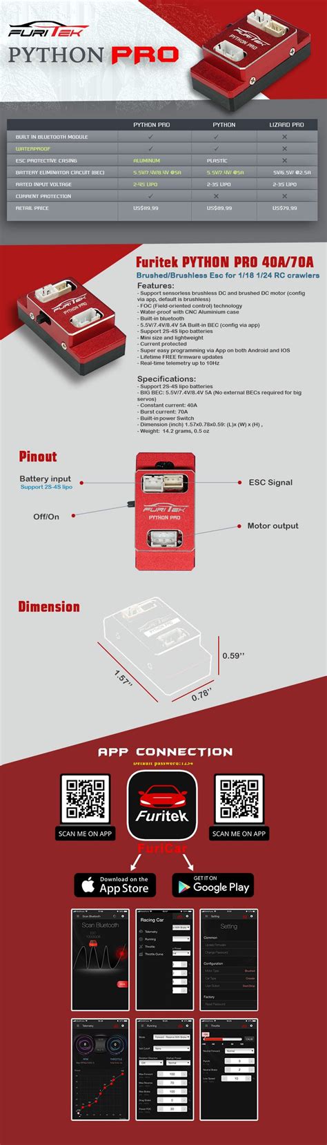 Furitek Python Pro 40a70a Brushedbrushless Esc For 118 124 Rc Craw