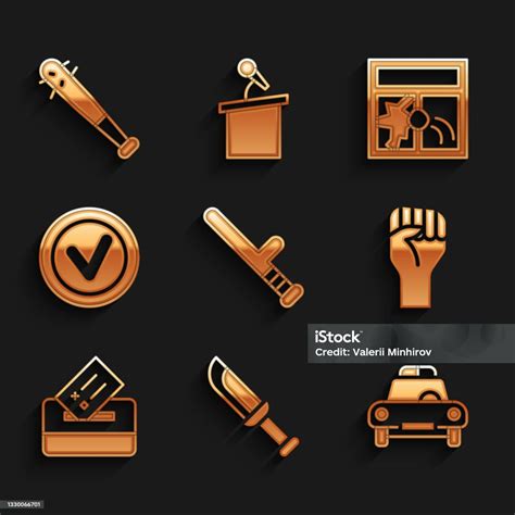 설정 경찰 고무 지휘봉 군사 칼 자동차와 점멸 꽉 주먹 투표 상자 라운드에 확인 표시 깨진 창과 야구 손톱 아이콘으로 손을 제기 벡터 검은색에 대한 스톡 벡터 아트 및 기타
