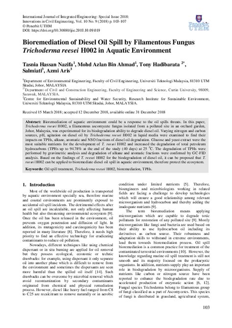 Pdf Bioremediation Of Diesel Oil Spill By Filamentous Fungus Trichoderma Reesei H002 In