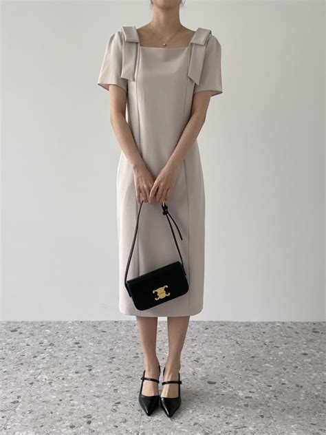 머스크 어깨리본 퍼프 반팔 H라인 롱원피스 결혼식 하객원피스