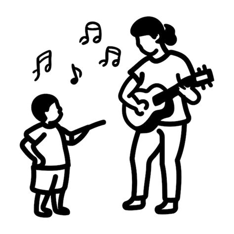 Un Icono Dibujado A Mano De Una Madre Tocando La Guitarra Para Su Hijo Vector Premium