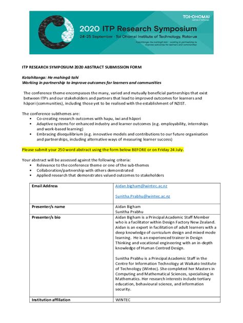 Fillable Online Researcharchive Wintec Ac Itp Research Symposium 2020 Abstract Submission Form