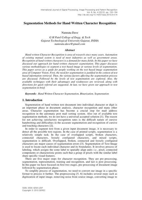 Pdf Segmentation Methods For Hand Written Character Recognition
