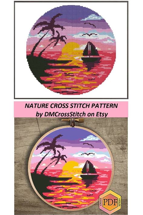 Sea Landscape Modern Cross Stitch Pattern PDF Sunset Counted Cross Stitch Chart Ship Palm