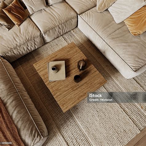 접시와 책이 있는 나무 커피 테이블 소파 베개 카펫이 현대적인 로프트 인테리어로 꾸며져 있습니다 상의 모습 3d 렌더링 일러스트레이션 모형 0명에 대한 스톡 사진 및 기타
