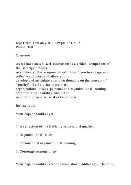 Due Date Thursday At 1159 Pm Of Unit 8 Points 100 Docx Educational