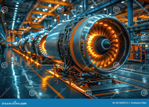 Illuminated Jet Engine Assembly Line Generative Ai Stock Illustration