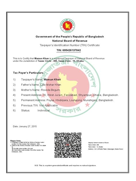 Personal Tin Certificate Pdf