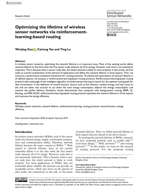 Pdf Optimizing The Lifetime Of Wireless Sensor Networks Via Reinforcement Learning Based Routing