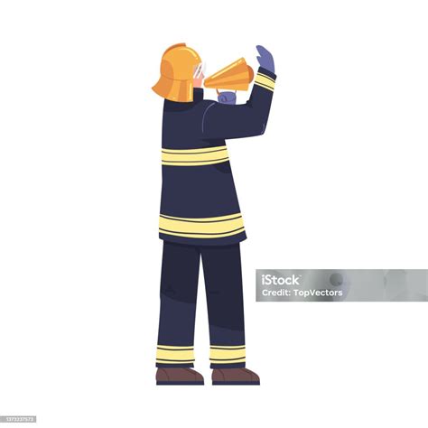 비상 사태 또는 위험 벡터 일러스트레이션에 대한 메가폰 경고와 함께 서 있는 남자 소방관 캐릭터 문화에 대한 스톡 벡터 아트 및 기타 이미지 Istock