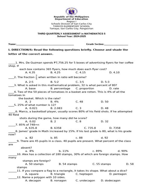 Math 5 Third Quarter Assessment Pdf Shape Euclidean Plane Geometry