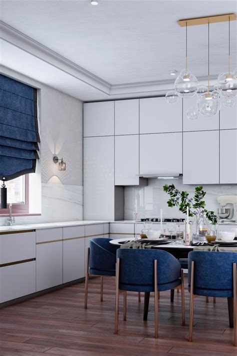 Кухня в классическом стиле с синими стульями Интерьер Кухня Планы кухни