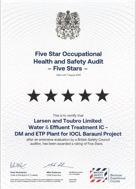 Im Thrilled To Share That We Have Received Bsc Five Star🌟 🌟🌟🌟🌟audit Certificate For Landt Iocl