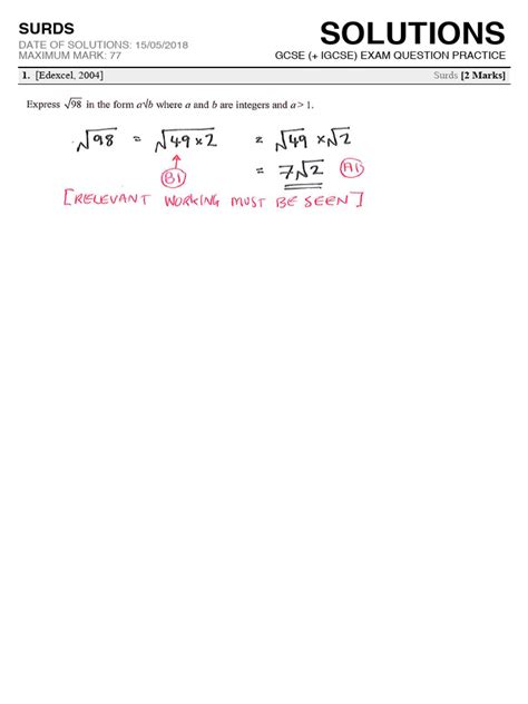 Surds Gcse 9 1 Practice Questions 30211 Pdf Accuracy And Precision Question
