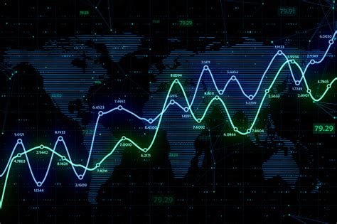 세계 시장 거래 및 투자 개념으로 세계 지도와 재무 지표가 있는 어두운 배경에 디지털 밝은 성장 다이어그램에 대한 전면 보기가 있습니다 3d 렌더링 0명에 대한 스톡 사진