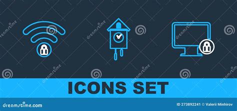 Set Line Lock On Monitor Wifi Locked And Retro Wall Watch Icon Vector
