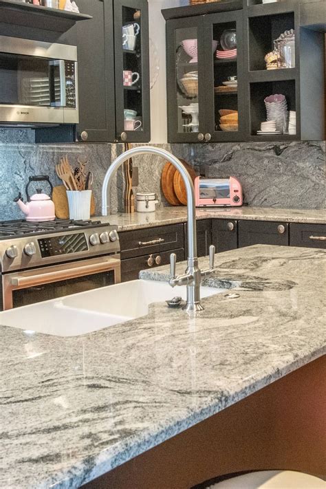 Silver Cloud Granite Countertop Full Height Backsplash Black Kitchen Brown Island Cabine