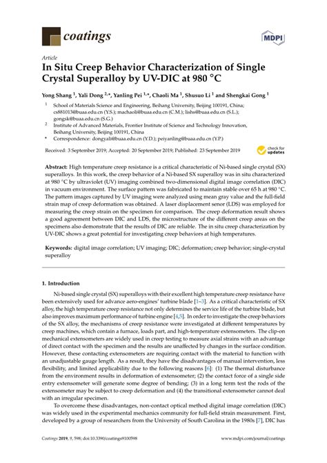 Pdf In Situ Creep Behavior Characterization Of Single Crystal Superalloy By Uv Dic At 980 °c