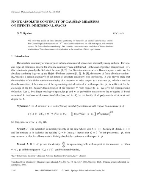 Pdf Finite Absolute Continuity Of Gaussian Measures On Infinite Dimensional Spaces