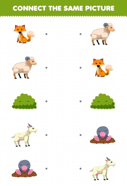 어린이를 위한 교육 게임은 귀여운 만화 여우 양 덤불 염소 두더지 인쇄 가능한 농장 워크시트의 동일한 그림을 연결합니다 프리미엄 벡터