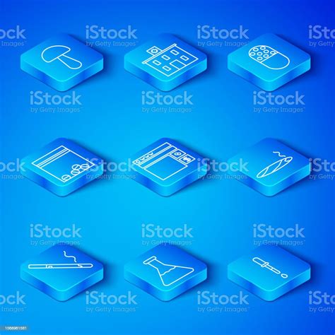 세트 라인 담배 온라인 약물 구매 시험관 및 플라스크 연기 약 알약 또는 정제 비닐 봉지 실로시 빈 버섯 및 피펫 아이콘 벡터