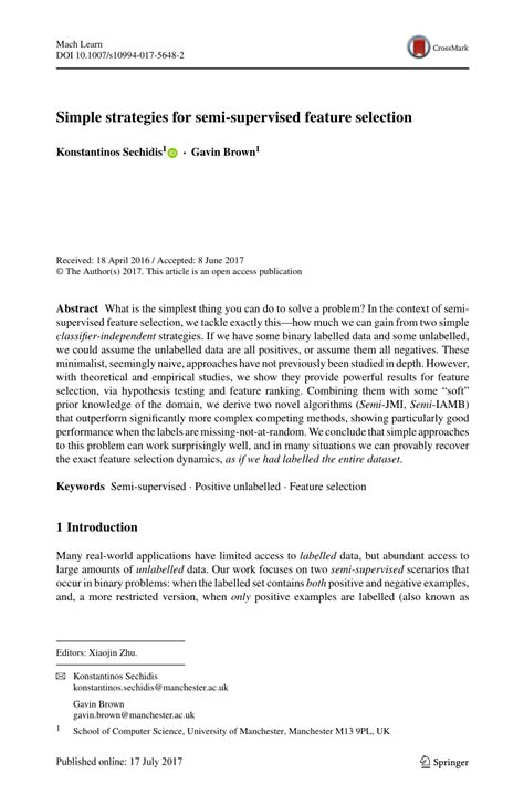 Pdf Simple Strategies For Semi Supervised Feature Selection