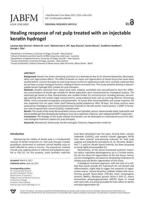 Pdf Novel Keratin Hydrogel For Pulp Dentin Regeneration Synthesis And Characterization