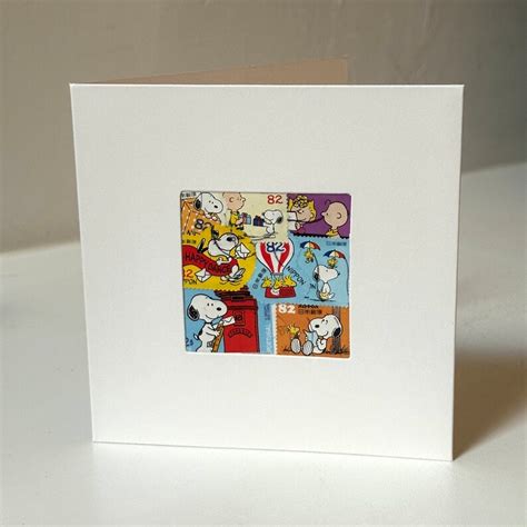 Handmade Snoopy Charlie Brown Woodstock Greeting Card Crafted With Authentic Postage Stamps
