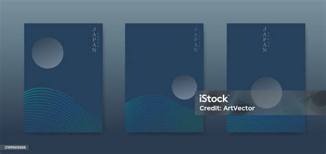 일본 풍경 배경 세트 카드 블루 라인 웨이브 패턴 벡터 일러스트 레이 션 럭셔리 추상 템플릿 기하학적 물결 모양 질감입니다 동양 스타일의 물과 달 레이아웃 디자인 수직