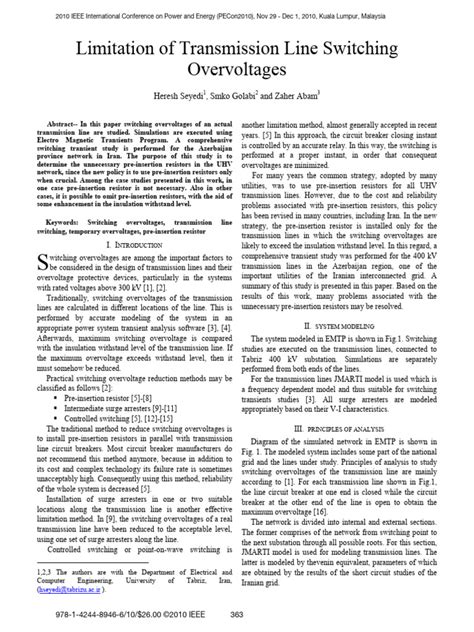 Limitation Of Transmission Line Switching Overvoltages Pdf Electric