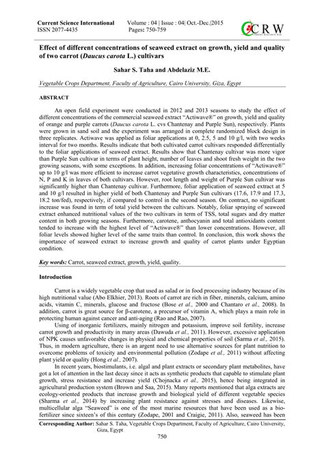Pdf Effect Of Different Concentrations Of Seaweed Extract On Growth Yield And Quality Of Two