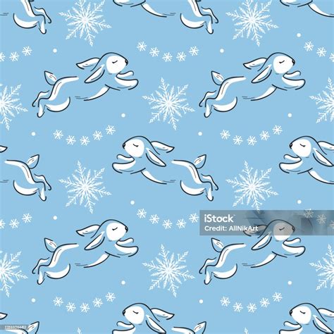 귀여운 토끼와 벡터 원활한 패턴 만화 낙서 작은 토끼와 겨울 휴가 배경입니다 눈송이 라인 아트와 토끼 크리스마스와 새해를 위한 토끼와 눈 인쇄 겨울에 대한 스톡 벡터 아트