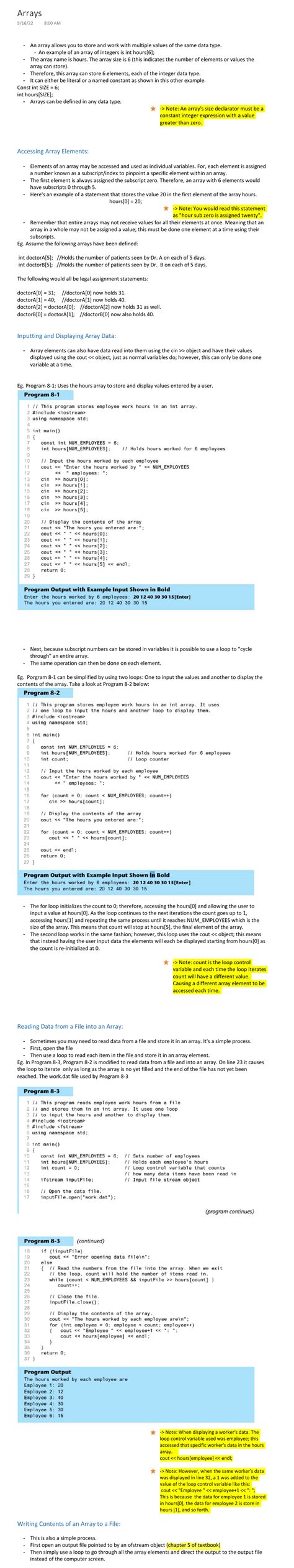Cis 126 Arrays Array Notes An Array Allows You To Store And Work