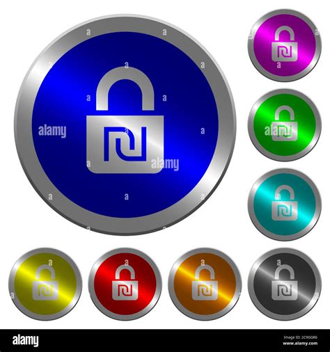 Locked Shekels Icons On Round Luminous Coin Like Color Steel Buttons